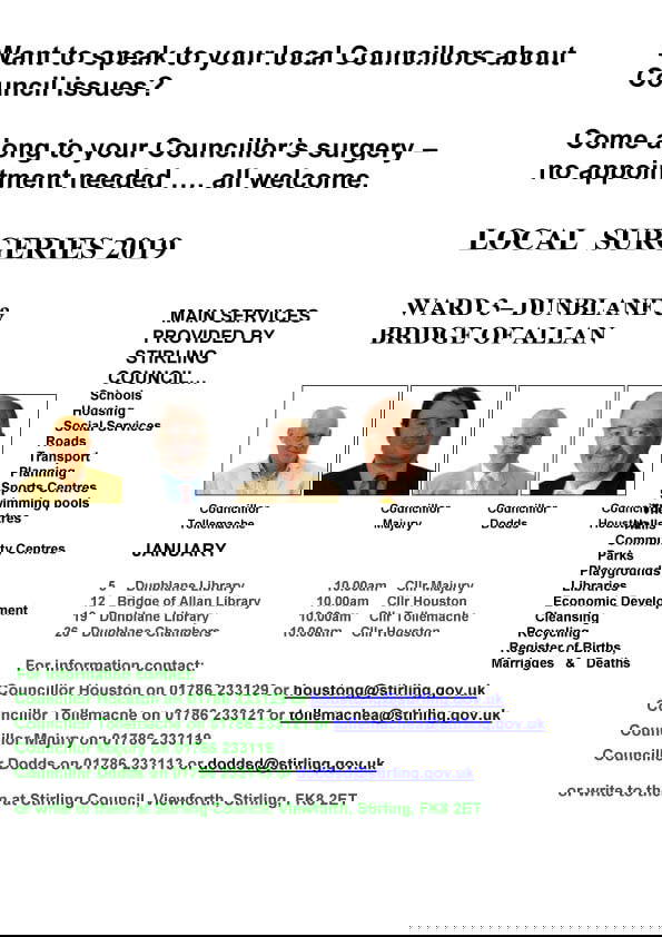 Elected Councillor Surgery dates - Bridge of Allan Community Council